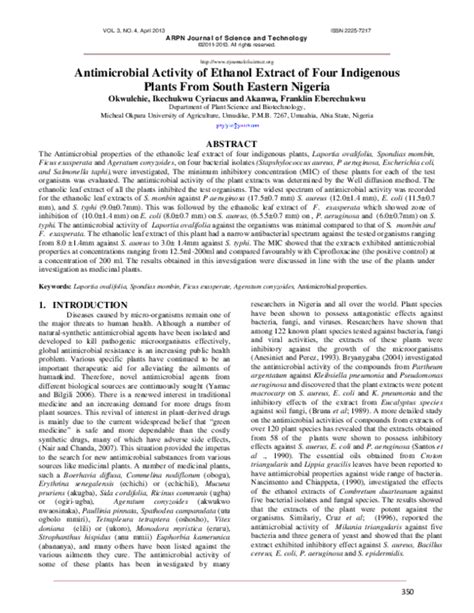 Pdf Antimicrobial Activity Of Ethanol Extract Of Four Indigenous Plants From South Eastern
