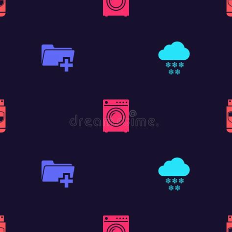 Set Cloud With Snow Add New Folder Washer And Usb Flash Drive And Shield On Seamless Pattern