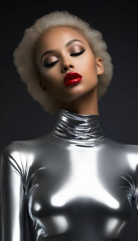 Elegant Sensual Mulatto Blonde Red Lipstick In A Silver Stretch Vinyl