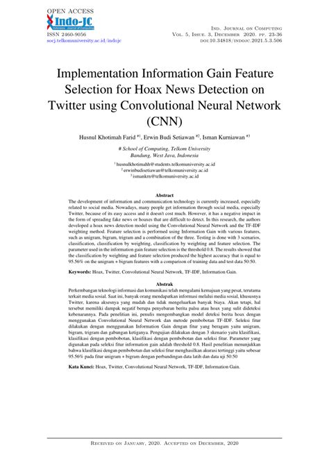 pdf implementation information gain feature selection for hoax news detection on twitter using