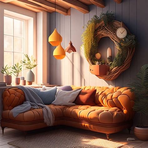 A Living Room With An Orange Couch And Wreath On The Wall