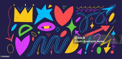 Y2k 추상 크레용 모양 세트 펑키한 스티커 다채로운 미래 지향적 요소 왕관 별 하트 및 화살표 순진하고 장난기 넘치는 라벨 모양 세트입니다 귀엽고 재미있는 가리 일러스트