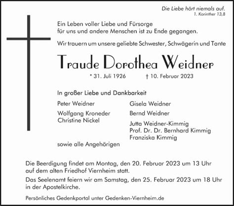 Traueranzeigen Von Traude Dorothea Weidner Trauerportal Ihrer Tageszeitung
