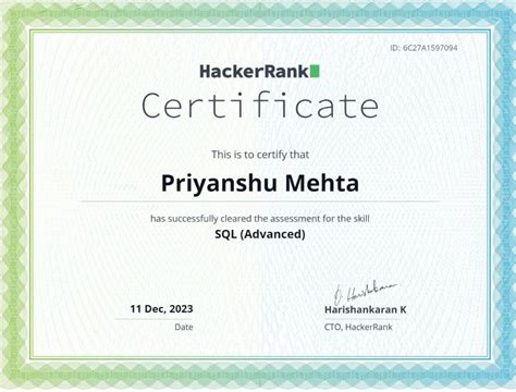 Priyanshu Mehta On Linkedin Sqladvanced Hackerrankcertification