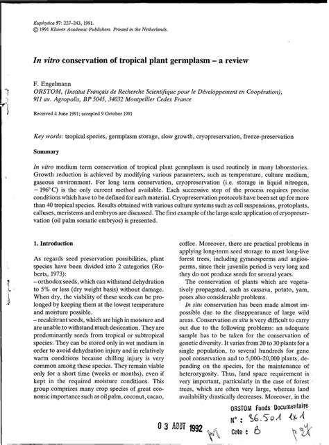 Pdf In Vitro Conservation Of Tropical Plant Germplasm — A Review