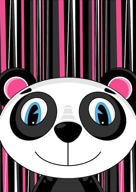 줄무늬 배경에 귀여운 만화 팬더 곰 캐릭터 프리미엄 벡터
