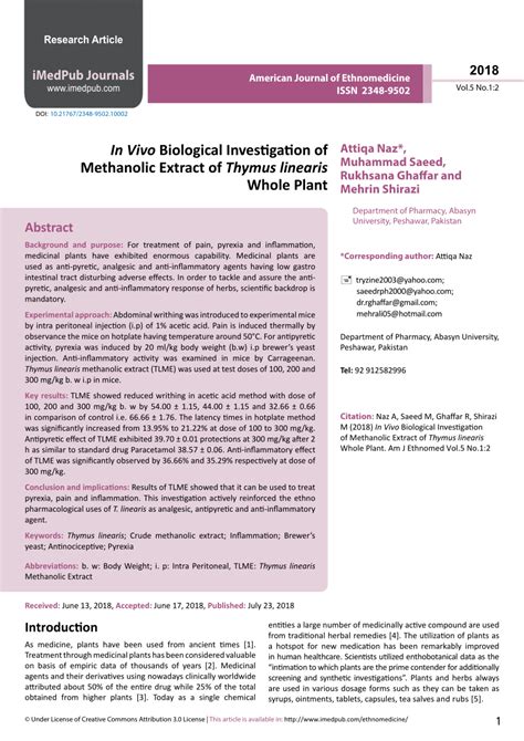 Pdf In Vivo Biological Investigation Of Methanolic Extract Of Thymus