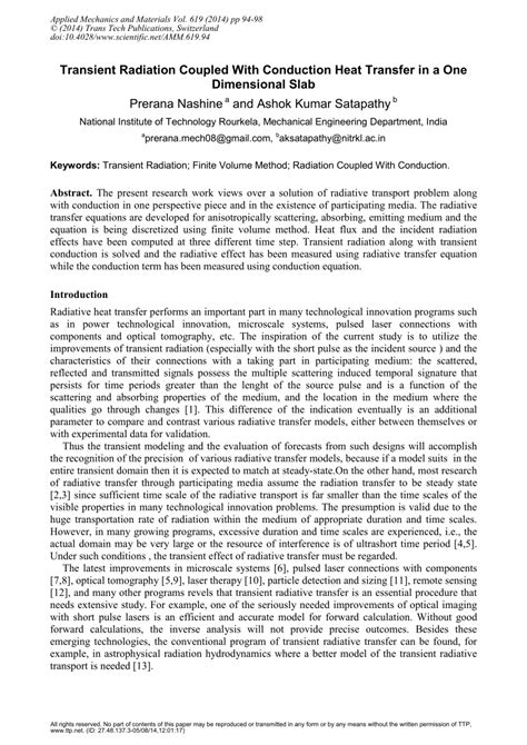 Pdf Transient Radiation Coupled With Conduction Heat Transfer In A One Dimensional Slab