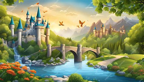 Vactor Castles And Nature Park With River Side Landscape Scene