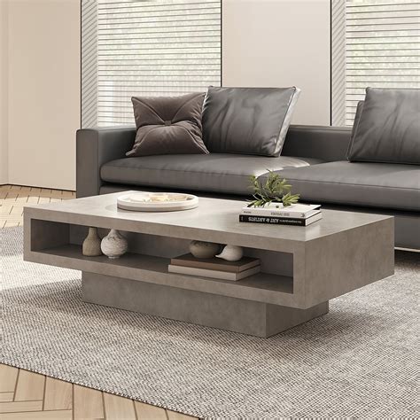Japandi Wood Rectangle Coffee Table In Concrete Gray With Storage 47 2 ｜homary