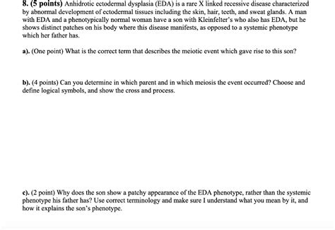 Solved 8 5 Points Anhidrotic Ectodermal Dysplasia Eda