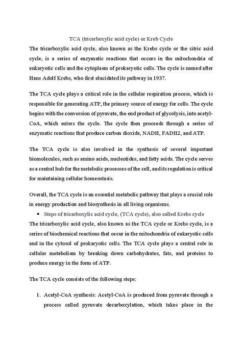 TCA TCA TCA Tricarboxylic Acid Cycle Or Kreb Cycle The