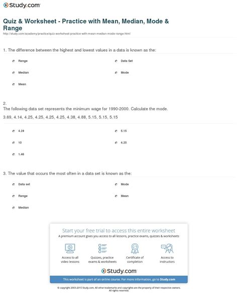 Quiz Worksheet Practice With Mean Median Mode Range Db Excel Com