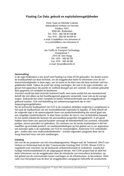 Pdf Floating Car Data Gebruik En Exploitatiemogelijkheden