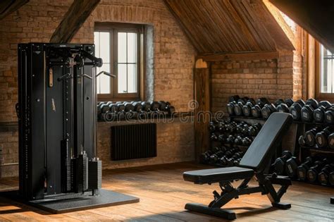 Modern Gym Setup Featuring Weights And Multi Function Equipment In A