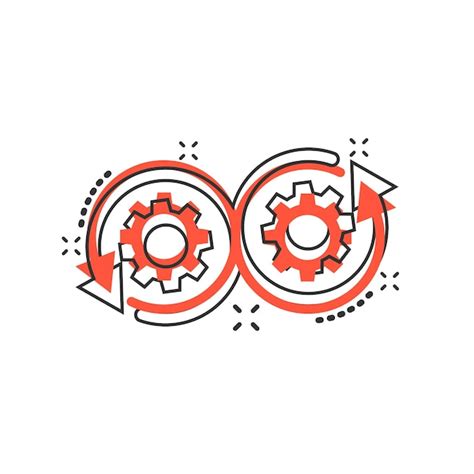 만화 스타일 Devops 벡터 만화 일러스트 레이 션에 개발 아이콘 화살표 비즈니스 개념 스플래시 효과와 격리 된 배경 장부