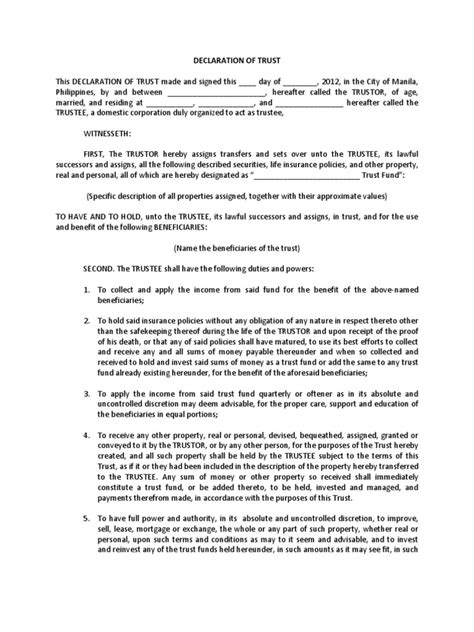 Declaration Of Trust Trust Law Trustee