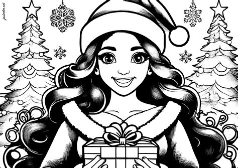 Jeune Femme Habill E En M Re No L Avec Un Cadeau Coloriages De No L Imprimer Pour Adultes