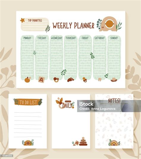 어머니 플래너 에코 베이비 장난감 스타일 어린 시절 페이지 노트북 세트 중립 색상 템플릿입니다 귀여운 평면 일러스트 벡터 수첩에 대한 스톡 벡터 아트 및 기타 이미지