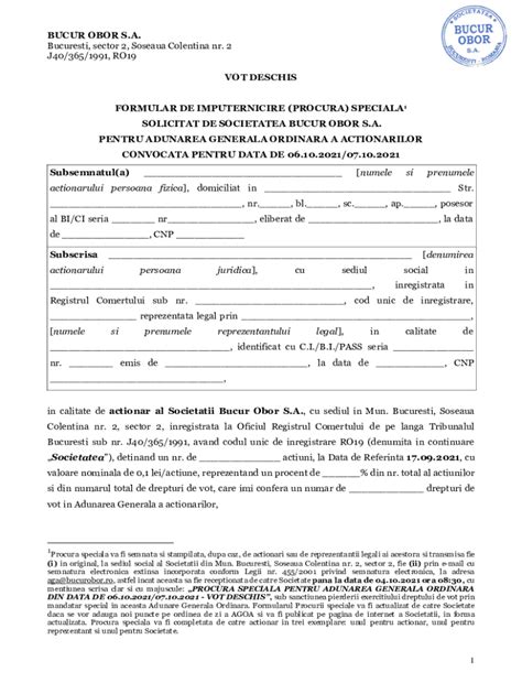 Fillable Online Formular De Imputernicire Procura Speciala Vot Decshis Si Fax Email Print