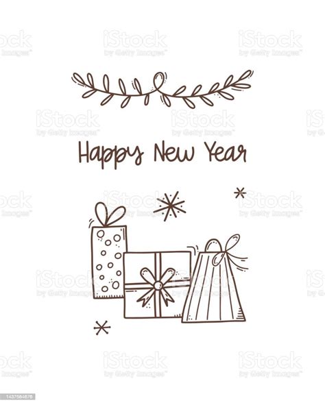 글자 인용문 선물 상자 및 팩 장식 눈송이가 있는 크리스마스 인사말 카드의 검은색 개요 그림 라인 Atr 스타일로 겨울 낙서 그리기 가방에 대한 스톡 벡터 아트 및 기타