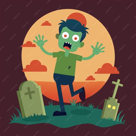 초록색 좀비가 큰 달과 구름을 배경으로 무덤 위를 고 있다 프리미엄 Ai 생성 벡터