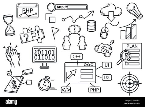 Hackathon Doodle Set Hand Drawn Icons Collection Of Programming