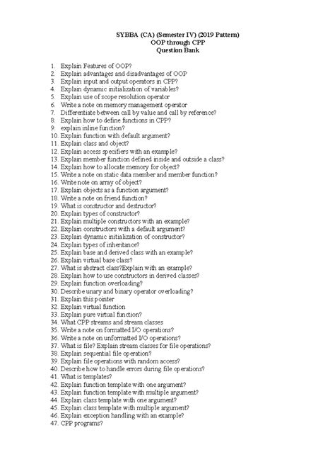 Cpp Question Bank See To It Sybba Ca Semester Iv 2019 Pattern