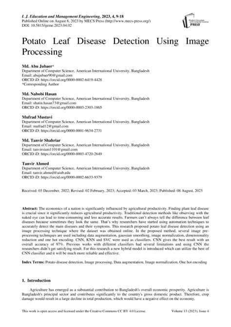 Potato Leaf Disease Detection Using Image Processing Ijeme