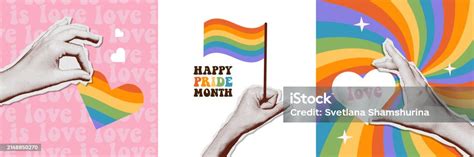프라이드의 달을 위한 트렌디한 미적 광장 포스터 세트 Lgbtq 깃발과 손에 하트가 있는 프라이드 먼스의 하프톤 콜라주 포스터 인권과 관용 개념 빈티지 벡터 일러스트 레이