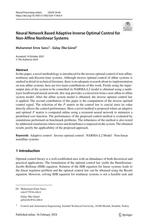 Pdf Neural Network Based Adaptive Inverse Optimal Control For Non Affine Nonlinear Systems