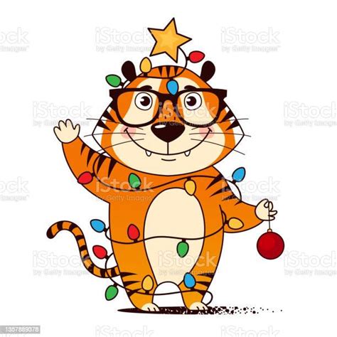 화환에 얽힌 귀여운 만화 호랑이 2022년 호랑이의 해의 상징 벡터 일러스트레이션 2022년에 대한 스톡 벡터 아트 및 기타 이미지 2022년 겨울 귀여운 Istock
