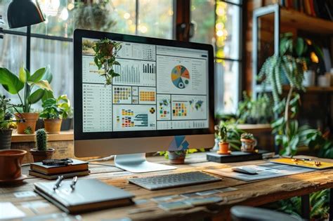 A Computer Monitor With A Graph On The Screen And A Keyboard On The Desk Premium Ai Generated