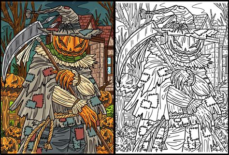 Premium Vector This Coloring Page Shows A Halloween Scarecrow Scythe One Side Of This