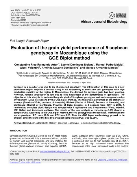 Pdf African Journal Of Biotechnology Evaluation Of The Grain Yield Performance Of 5 Soybean