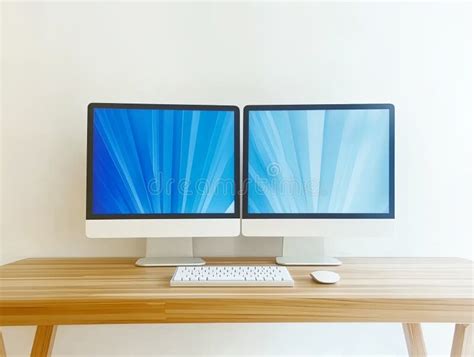 Dual Computer Monitors On A Wooden Desk With A Keyboard And Mouse Stock