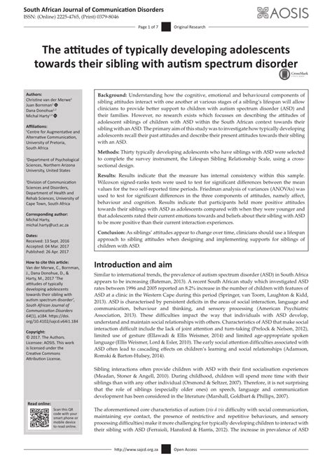 Pdf The Attitudes Of Typically Developing Adolescents Towards Their Sibling With Autism