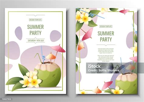 코코넛 칵테일 칵테일 우산과 빨대 프랑기파니 꽃이 들어간 전단지 여름 해변 파티 바 상쾌한 음료 배너 전단지 광고를위한 A4