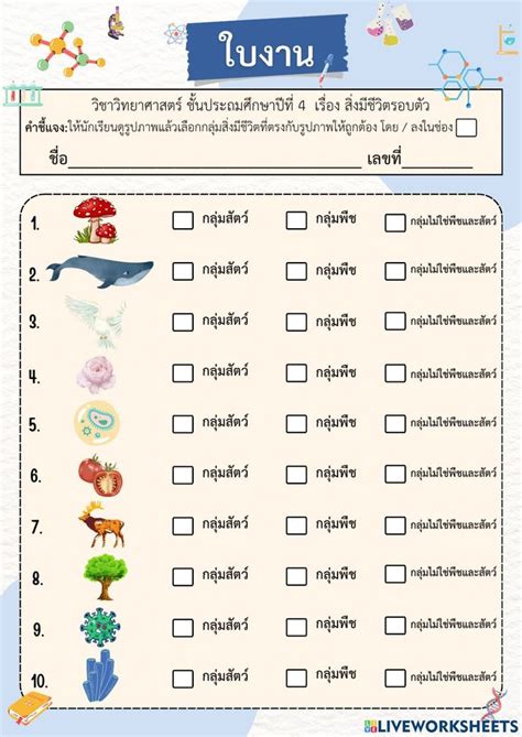 ใบงาน วิชาวิทยาศาสตร์ เรื่อง สิ่งมีชีวิตรอบตัว ป 4 Worksheet วิทยาศาสตร์ ป 4 ห้องเรียน