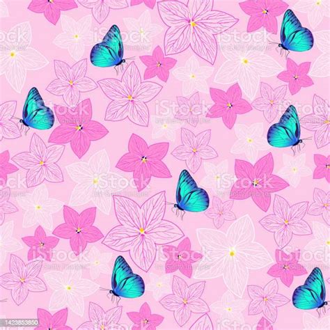 핑크 플로럴 프린트 분홍색 꽃 이음새가 없는 무늬 푸른 나비 패턴 0명에 대한 스톡 벡터 아트 및 기타 이미지 0명 고풍