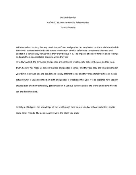Sex And Gender Short Essay Sex And Gender AP HREQ Male Female Relationships York Studocu