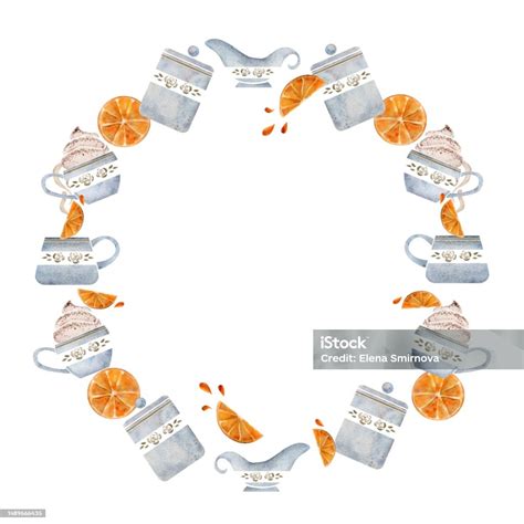 수채화 손으로 그린 원형 프레임 화환 커피 컵 항아리 크리머 오렌지 조각 주스 방울 흰색 배경에 격리 초대장 카페 레스토랑 음식