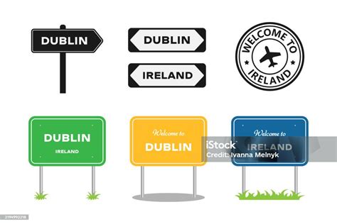 아일랜드 더블린 도로 표지판이 설정되었습니다 아일랜드에 오신 것을 환영합니다 라벨 또는 스티커 더블린 시내 진입 푯말 도로에 광고판 벡터 일러스트 레이 션 간판에 대한 스톡