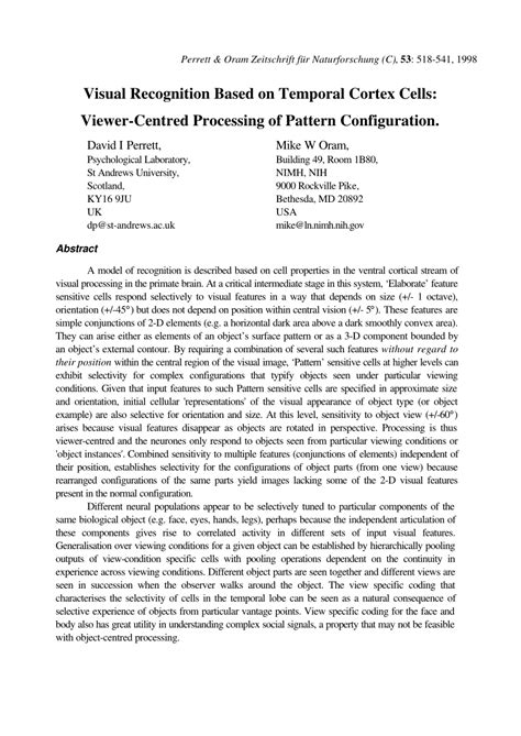 Pdf Visual Recognition Based On Temporal Cortex Cells Viewer Centred