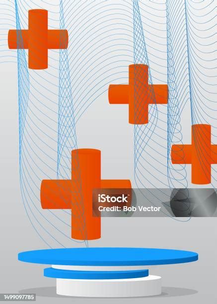 추상적인 주황색 파란색 흰색 실린더 받침대 연단 프레젠테이션을 위한 모형 무대 쇼케이스 최소한의 기하학적 제품 디스플레이 벡터