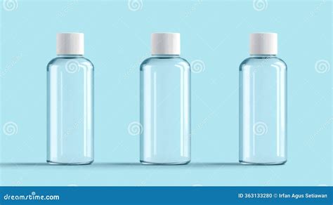 Three Clear Glass Bottles With White Caps On Light Blue Background