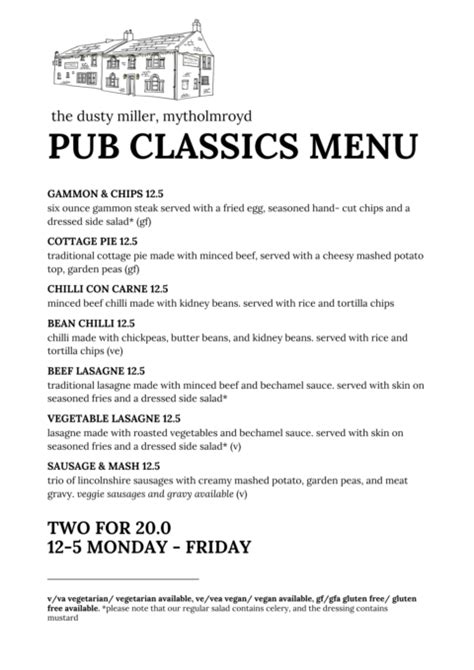 Main Menu And Pub Classics The Dusty Miller Inn