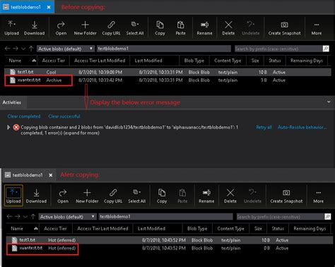 the copied archive blob shows well on destination container after copying the belonging blob