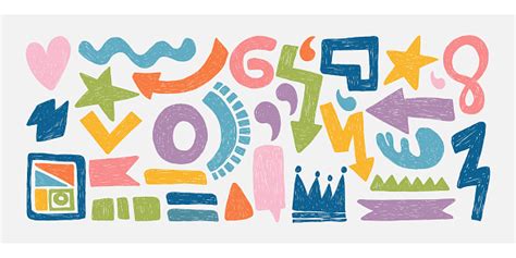 크레용 추상 모양과 형태 세트 손으로 그린 이상한 복고풍 모양 크레용 분필 또는 목탄 질감으로 종이에 수동으로 그렸습니다 대담하고 그루비하고 기괴한 모양 트렌디한 크레용