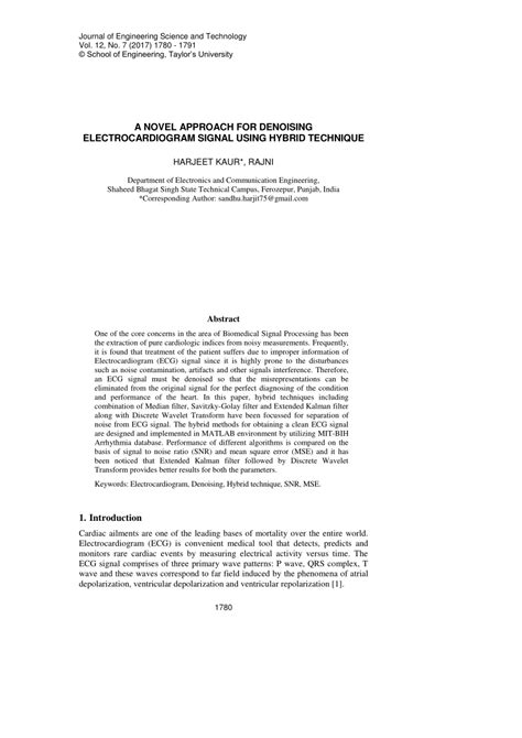 Pdf A Novel Approach For Denoising Electrocardiogram Signal Using Hybrid Technique